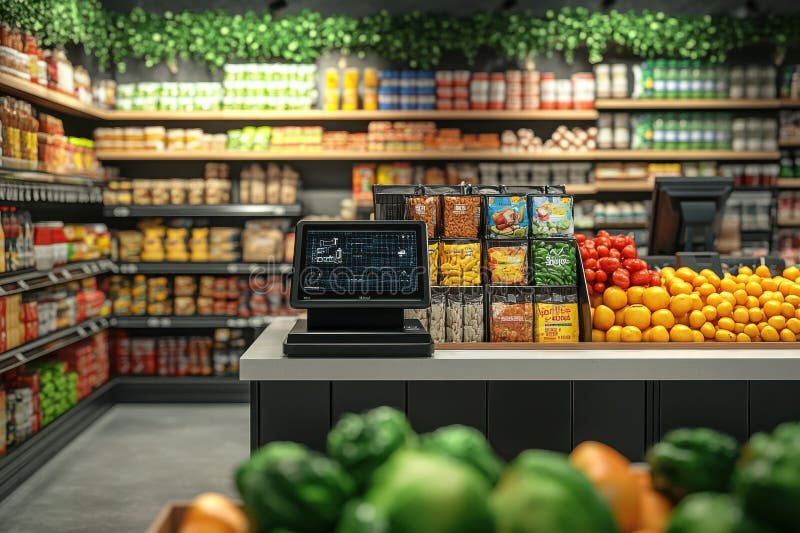 A Grocery Store with a Cash Register and a Display of Fruit and ...