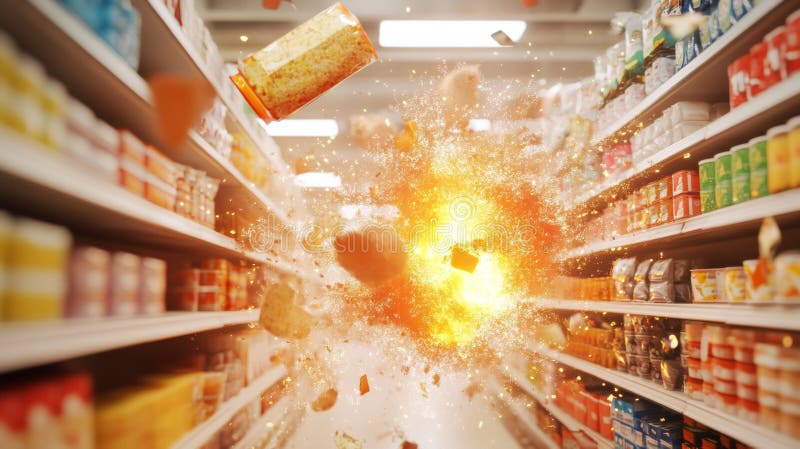 Grocery Store Explosion with Flying Products Stock Illustration ...