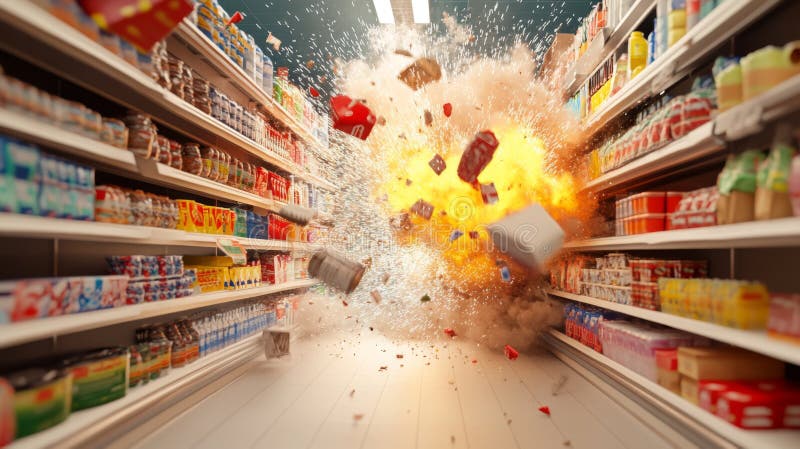 Grocery Store Explosion with Shelves and Products Flying Stock ...