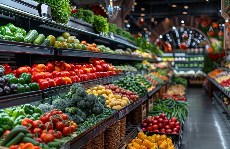 Grocery Store Produce Aisle with Large Selection of Fresh Vegetables ...