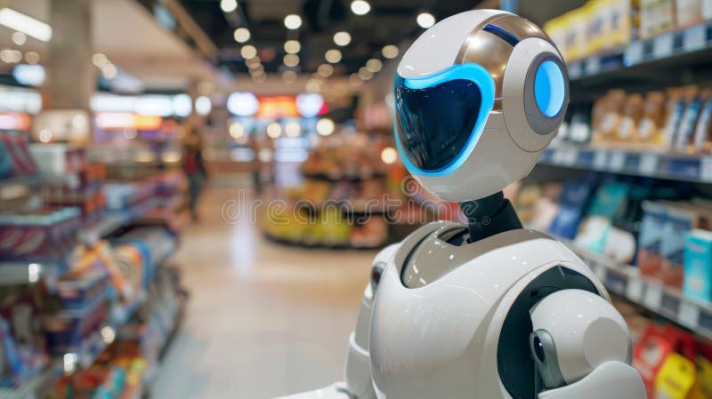 A Grocery Store Robot Standing Assisting Shoppers in a Retail Store ...