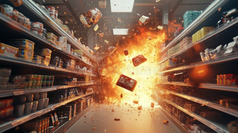 Grocery Store Shelving with a Fiery Explosion in the Center Stock ...