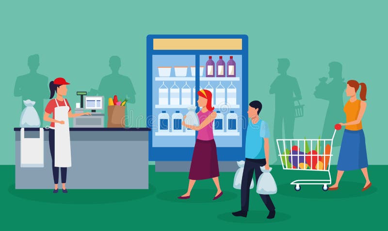 Grocery Stores with People Characters Stock Vector - Illustration of ...