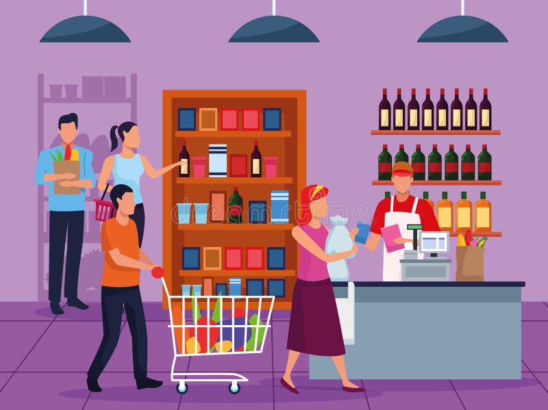 Grocery Stores with People Characters Stock Vector - Illustration of ...