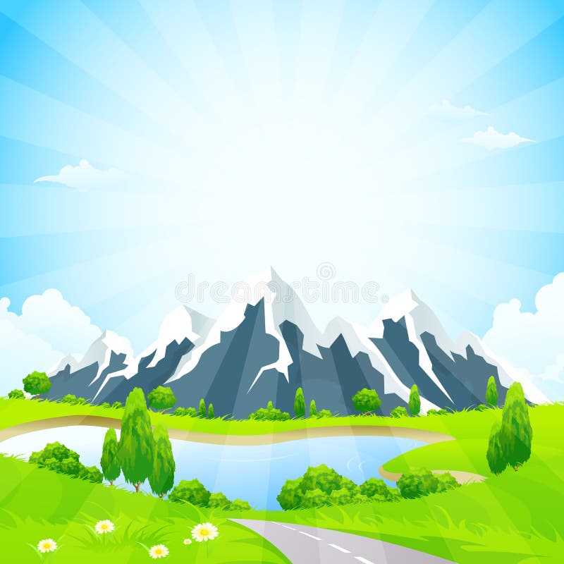 Groen Landschap Met Weg En Bergen Vector Illustratie - Illustration of ...