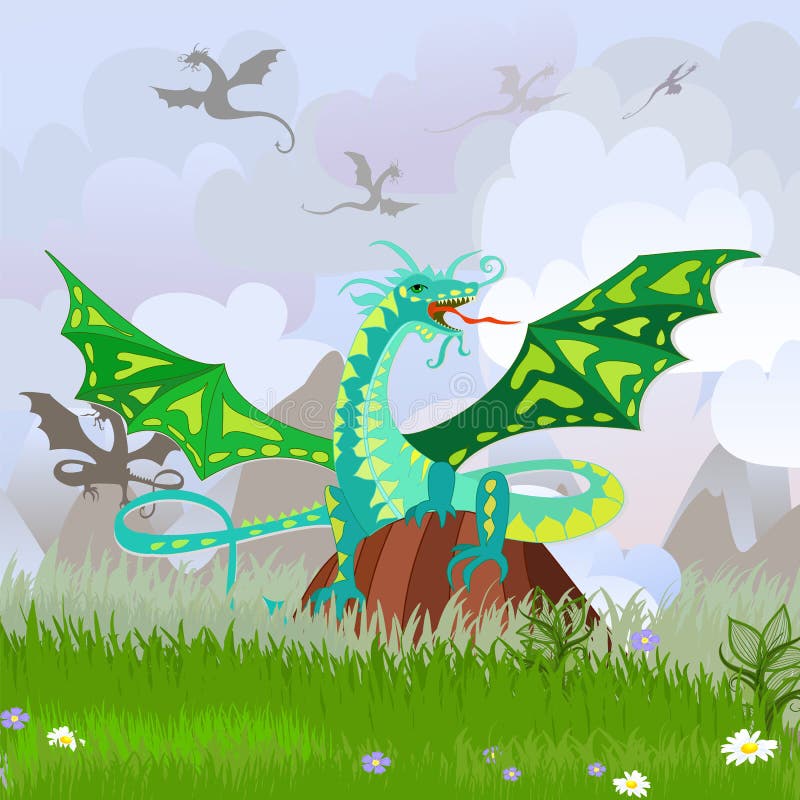 Gouden En Groene Schattige Draak. Met De Hand Getekende ...