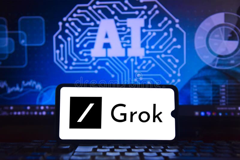 Grok Logo on a Cell Phone Screen with an Image of Artificial ...