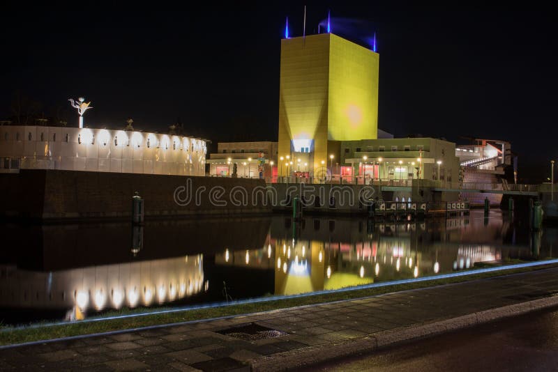 Groningen Museum Reflecting on a Lake at Night in the Netherlands ...