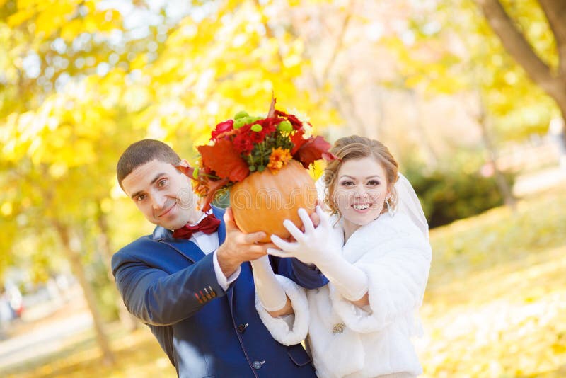 Groom and Bride Autumn Wedding Stock Photo - Image of engagement ...