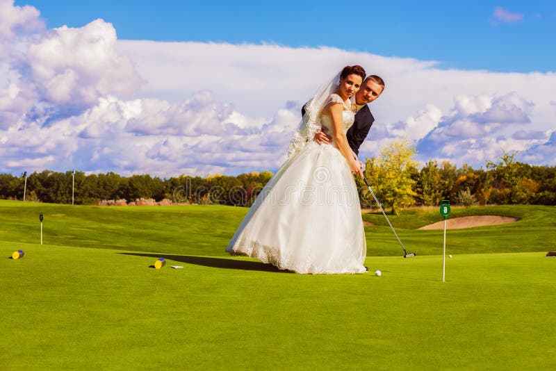 Groom and Bride Playing Golf Stock Image - Image of feelings, loving ...