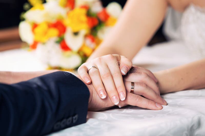 Groom Holds the Bride S Hand Stock Image - Image of newlywed, bride ...