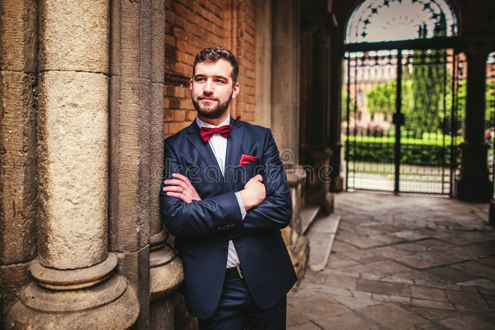 Groom Posing Near the Columns Stock Image - Image of church, embrace ...