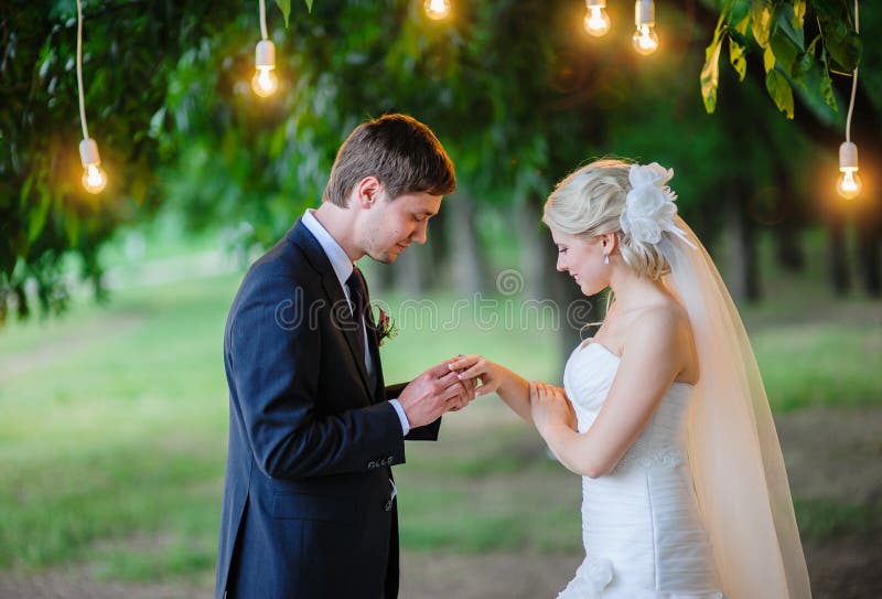Groom Wears the Ring Bride Under the Arch Stock Photo - Image of dress ...