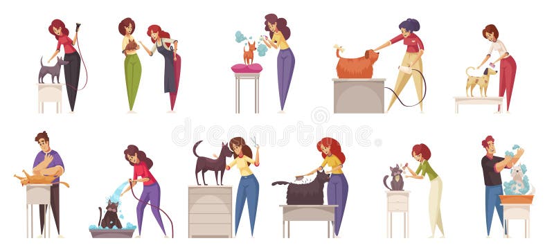 Grooming Icons Set with Cats and Dogs Flat Isolated Vector Stock Vector ...