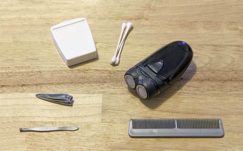 Grooming Items on Wooden Table Stock Image - Image of items, clipper ...