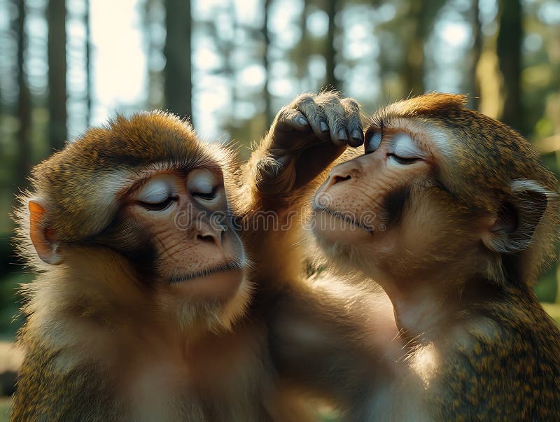 Grooming Monkeys in Forest - Close Up of Two Primates Interacting Stock ...