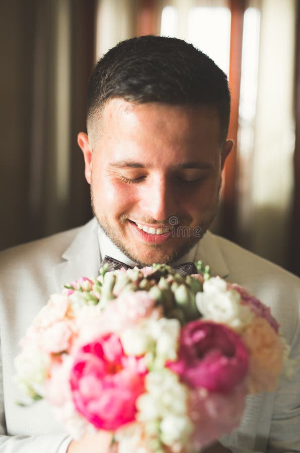 Grooms Morning Preparation. Handsome Man Getting Dressed and Preparing ...