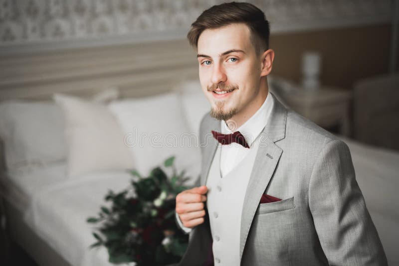Grooms Morning Preparation. Handsome Man Getting Dressed and Preparing ...