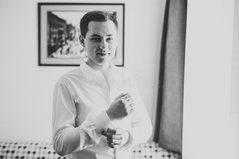 Grooms Morning Preparation. Handsome Man Getting Dressed and Preparing ...