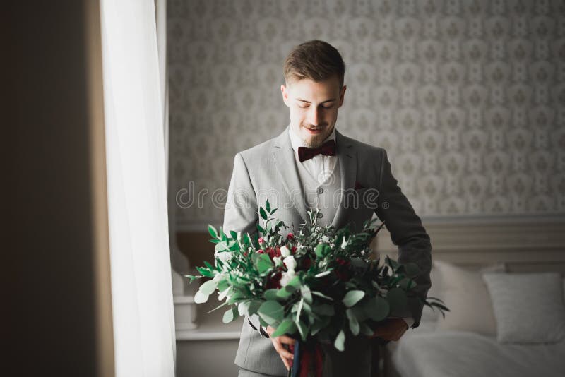 Grooms Morning Preparation. Handsome Man Getting Dressed and Preparing ...