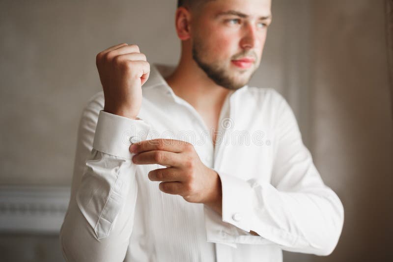 Grooms Morning Preparation. Handsome Man Getting Dressed and Preparing ...