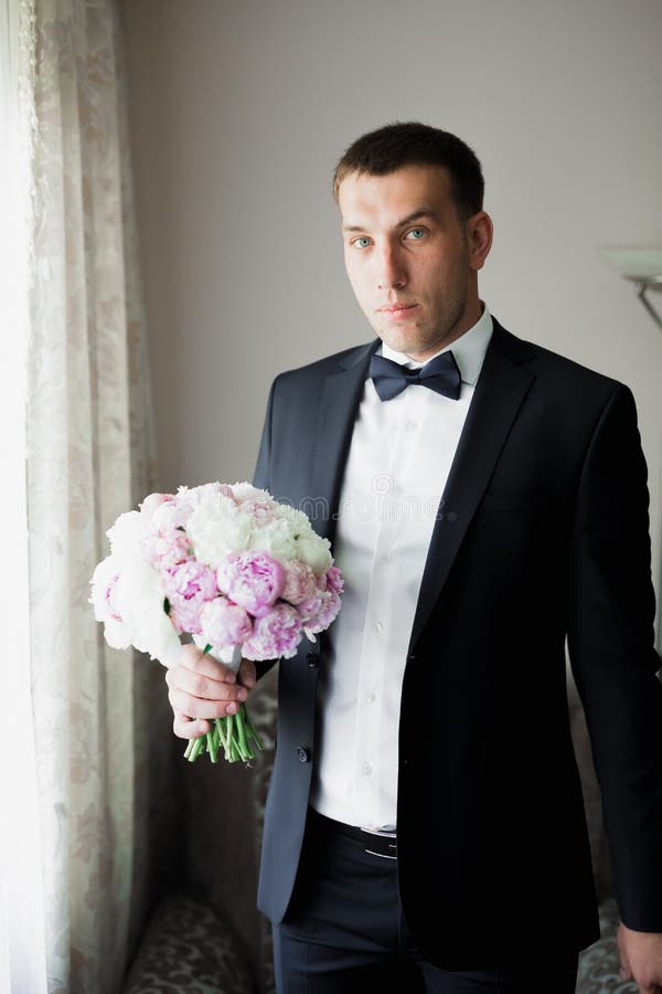 Grooms Morning Preparation. Handsome Man Getting Dressed and Preparing ...