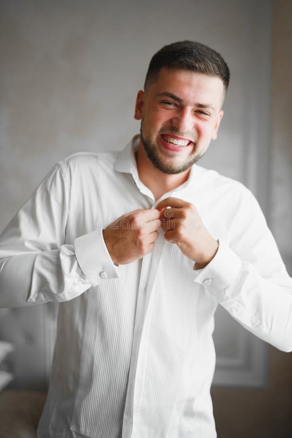 Grooms Morning Preparation. Handsome Man Getting Dressed and Preparing ...