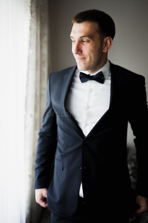 Grooms Morning Preparation. Handsome Man Getting Dressed and Preparing ...