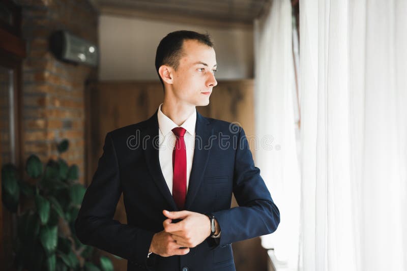 Grooms Morning Preparation. Handsome Man Getting Dressed and Preparing ...