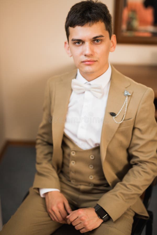 Grooms Morning Preparation. Handsome Man Getting Dressed and Preparing ...