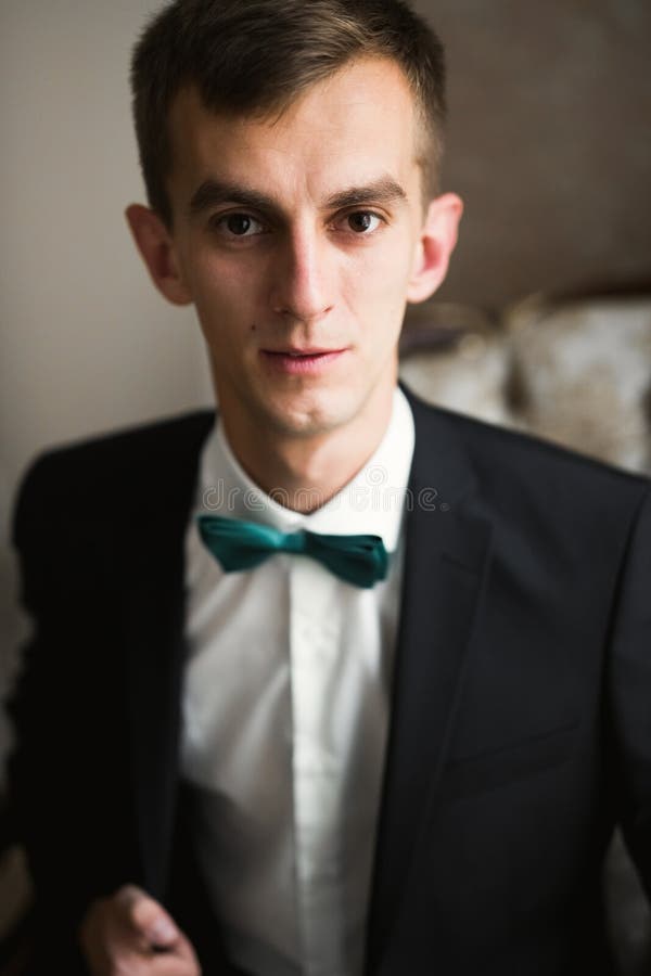 Grooms Morning Preparation. Handsome Man Getting Dressed and Preparing ...