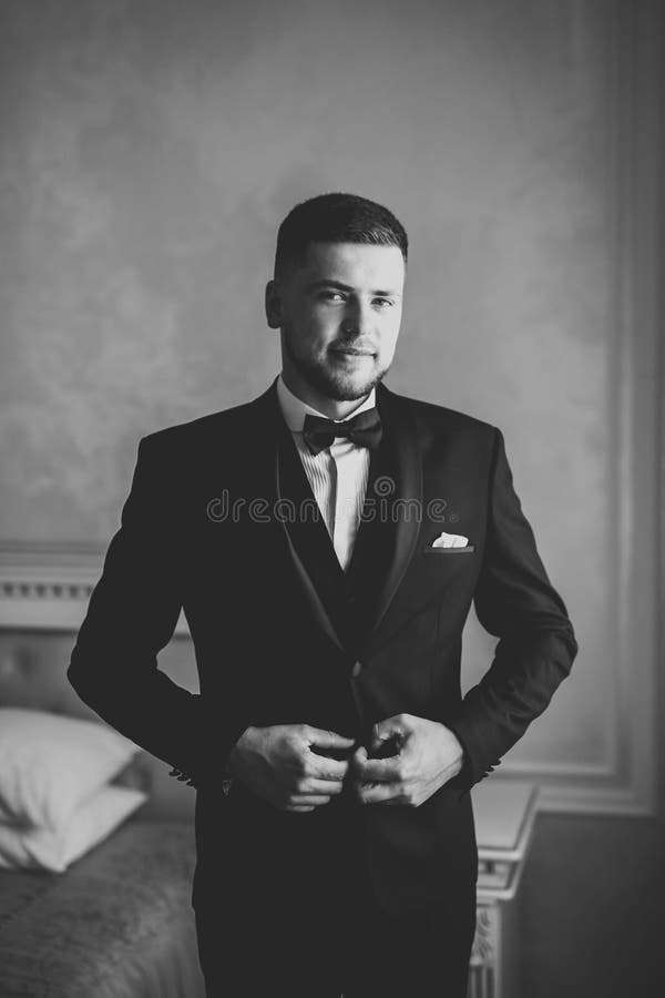 Grooms Morning Preparation. Handsome Man Getting Dressed and Preparing ...