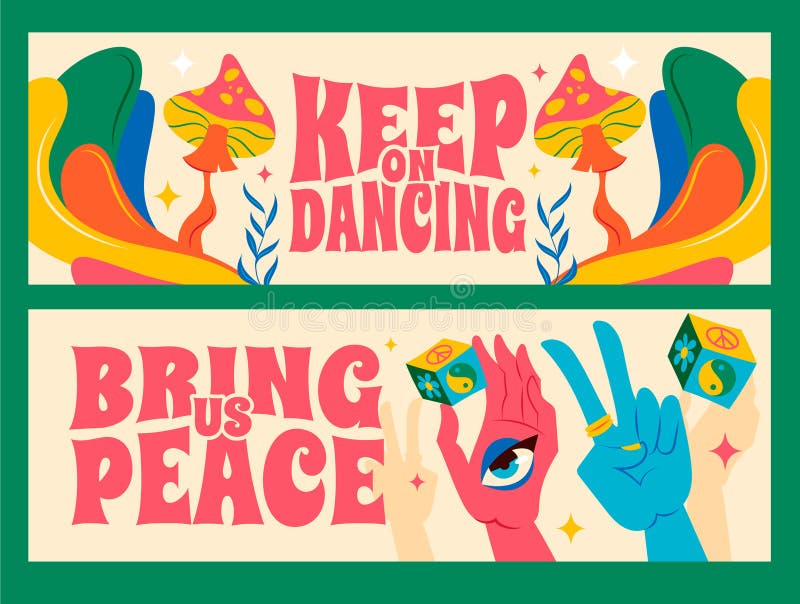 Groovy Banners Set in Flat Design Stock Illustration - Illustration of ...