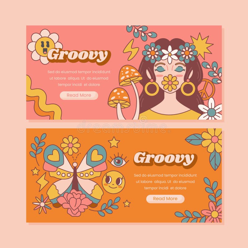 Groovy Banners in Hand Drawn Style Stock Illustration - Illustration of ...