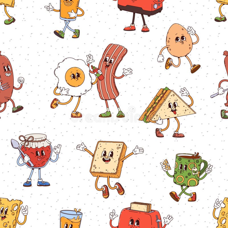 Groovy Breakfast Characters Seamless, Tile Pattern Stock Illustration ...