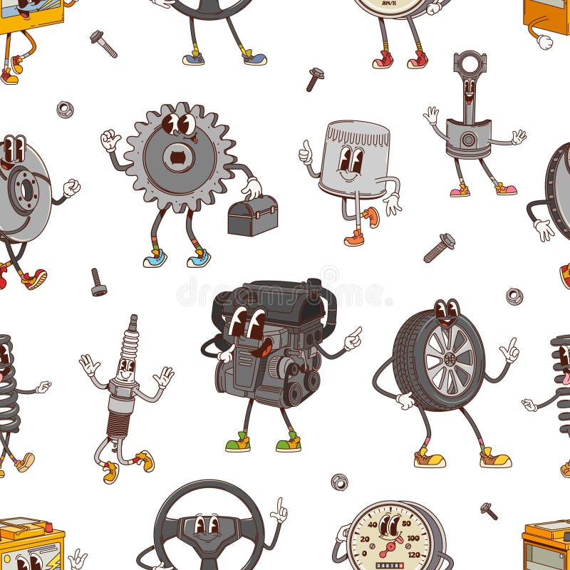 Groovy Car Spare Parts and Tool Characters Pattern Stock Vector ...
