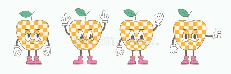Groovy Cartoon Apple, Hippie Checkered Pattern. 60s and 70s Funky Comic ...