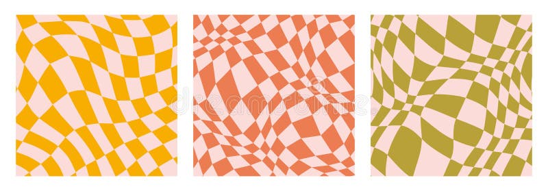 Groovy Checkerboard Background Set. Retro Wavy Checkered Pattern ...