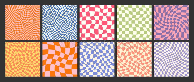 Groovy Checkered Pattern, Colorful Distorted Tiled Grid. Vintage Wavy ...