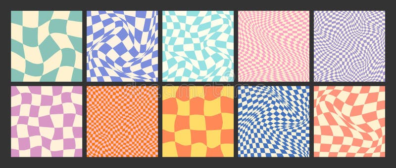 Groovy Checkered Pattern, Colorful Distorted Tiled Grid. Vintage Wavy ...