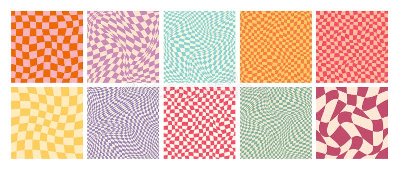 Groovy Checkered Pattern, Colorful Distorted Tiled Grid. Vintage Wavy ...