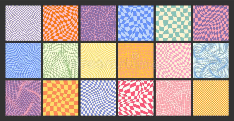 Groovy Checkered Pattern, Colorful Distorted Tiled Grid. Vintage Wavy ...