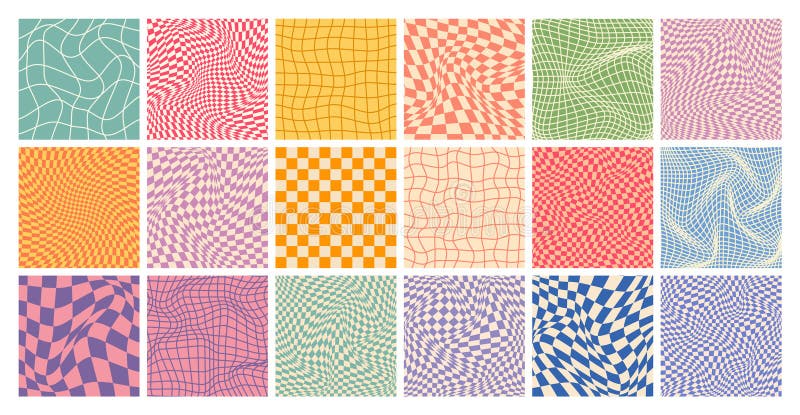 Groovy Checkered Pattern, Colorful Distorted Tiled Grid. Vintage Wavy ...
