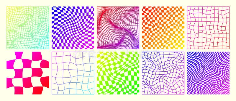 Groovy Checkered Pattern, Neon Distorted Tiled Grid. Vintage Wavy ...