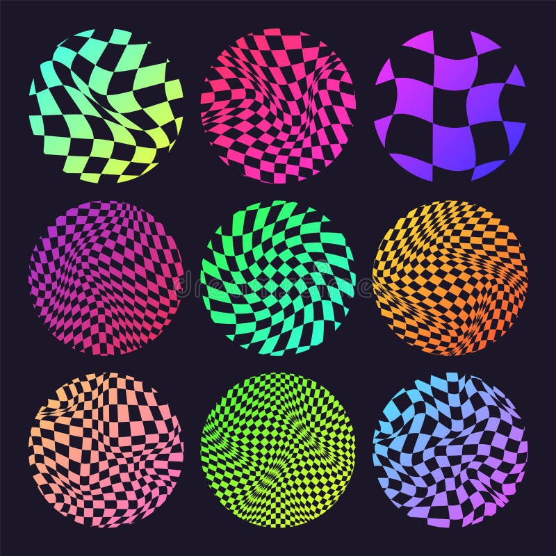 Groovy Checkered Pattern, Neon Round Tiled Grid. Vintage Wavy Curved ...