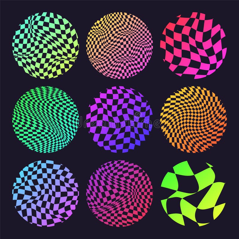 Groovy Checkered Pattern, Neon Round Tiled Grid. Vintage Wavy Curved ...