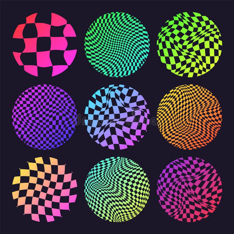 Groovy Checkered Pattern, Neon Round Tiled Grid. Vintage Wavy Curved ...