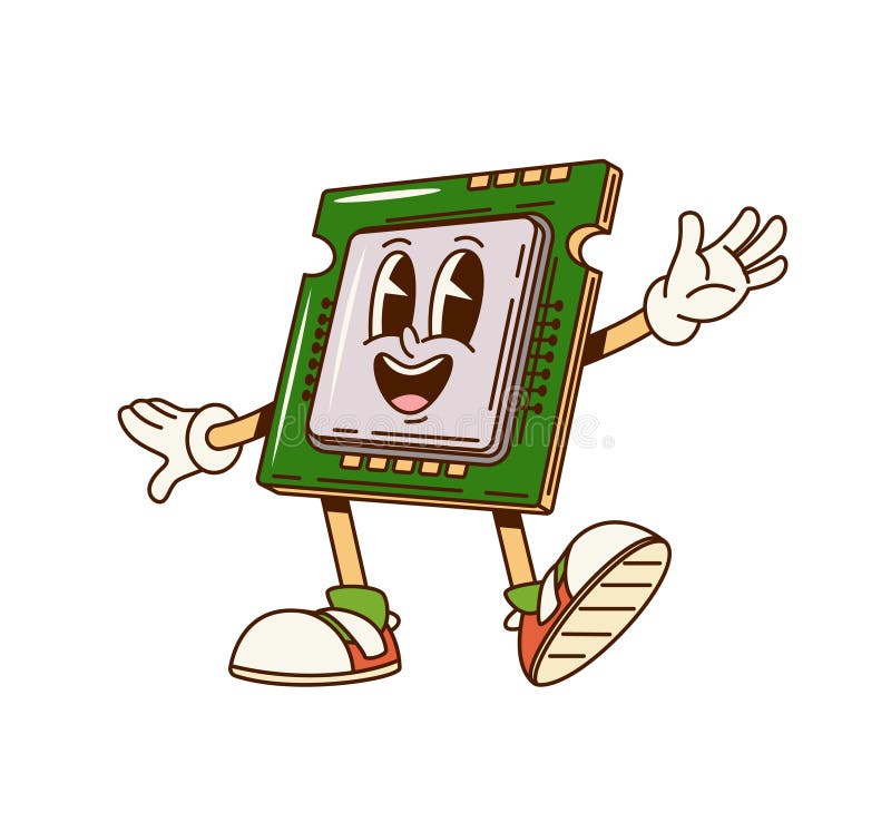 Groovy Computer Chip Character with Funny Face Stock Illustration ...