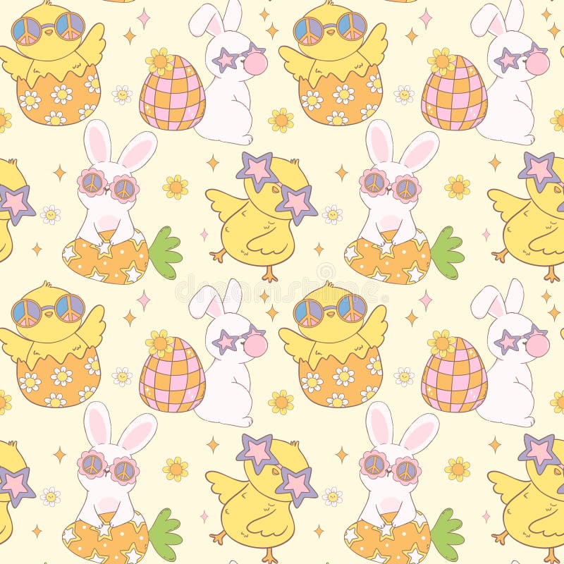 Groovy Easter Pattern Seamless Retro Disco Bunny and Chick Playful ...