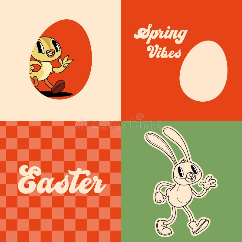 Groovy Easter Print Set. Spring Bright Character Mascot Cards in Retro ...
